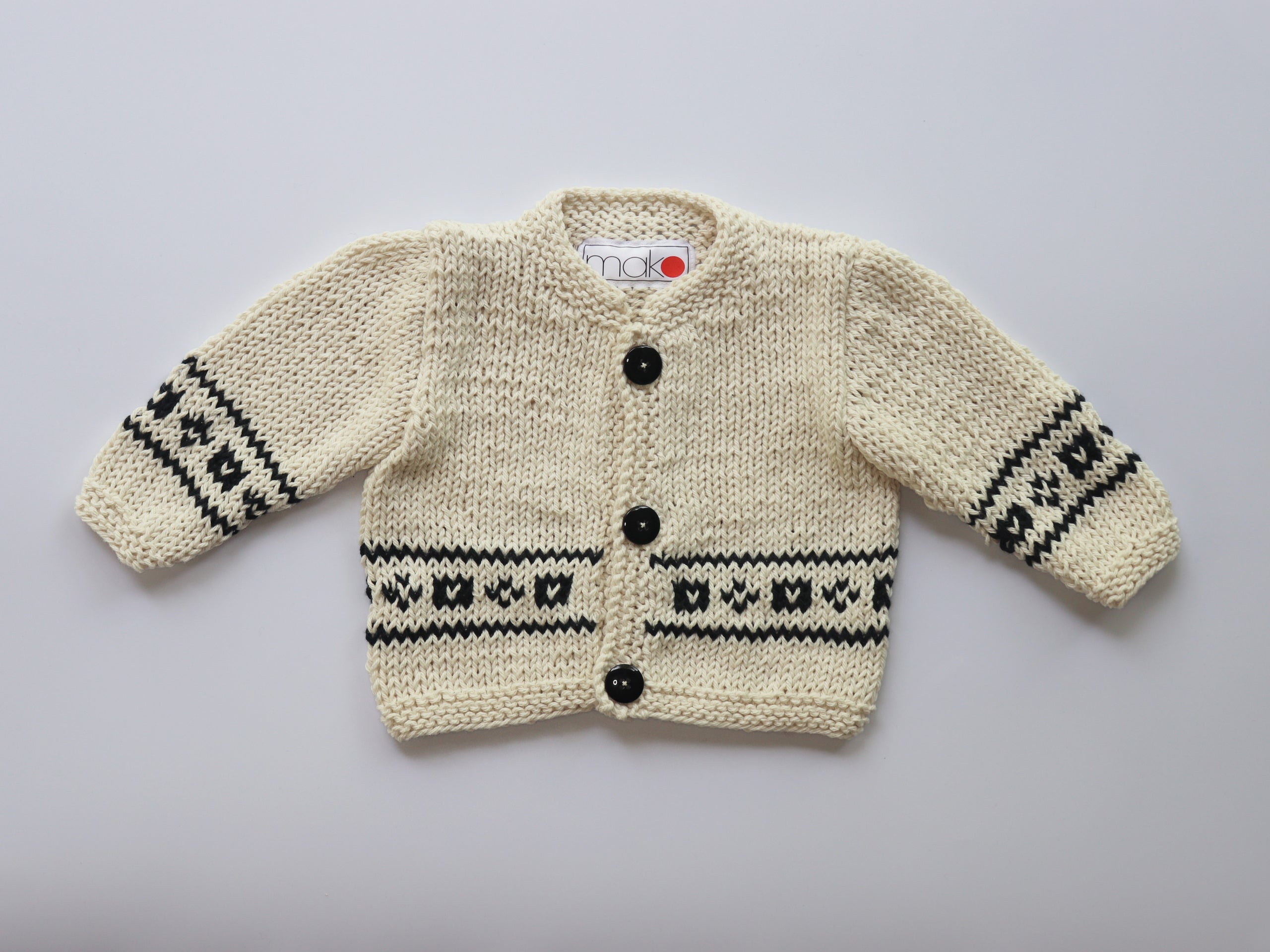 Mako Hand Knits 100% Cotton Cardigan Natural with Black Border Design ...